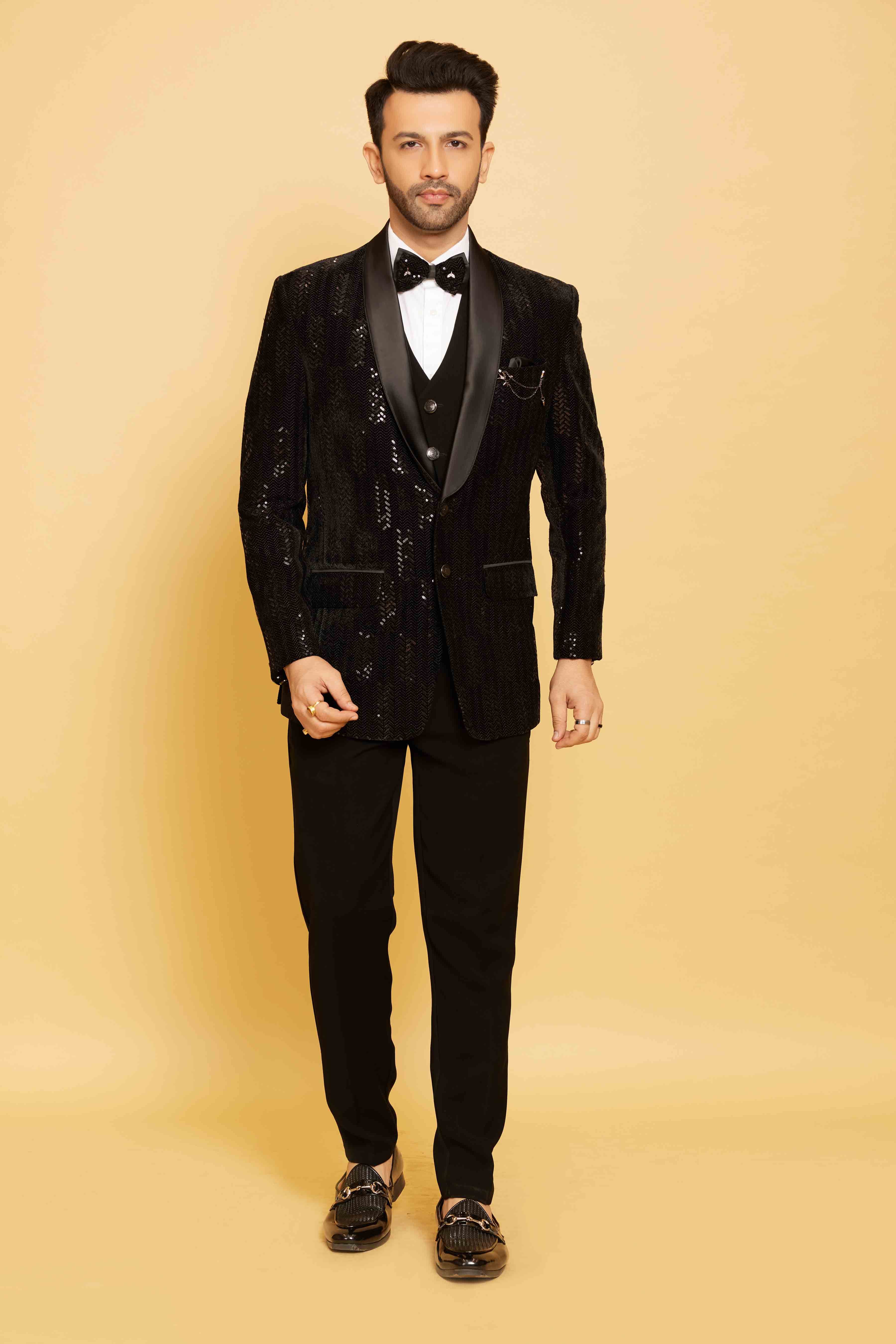 Black Sequined Blazer Set For Men – Karveer Creation
