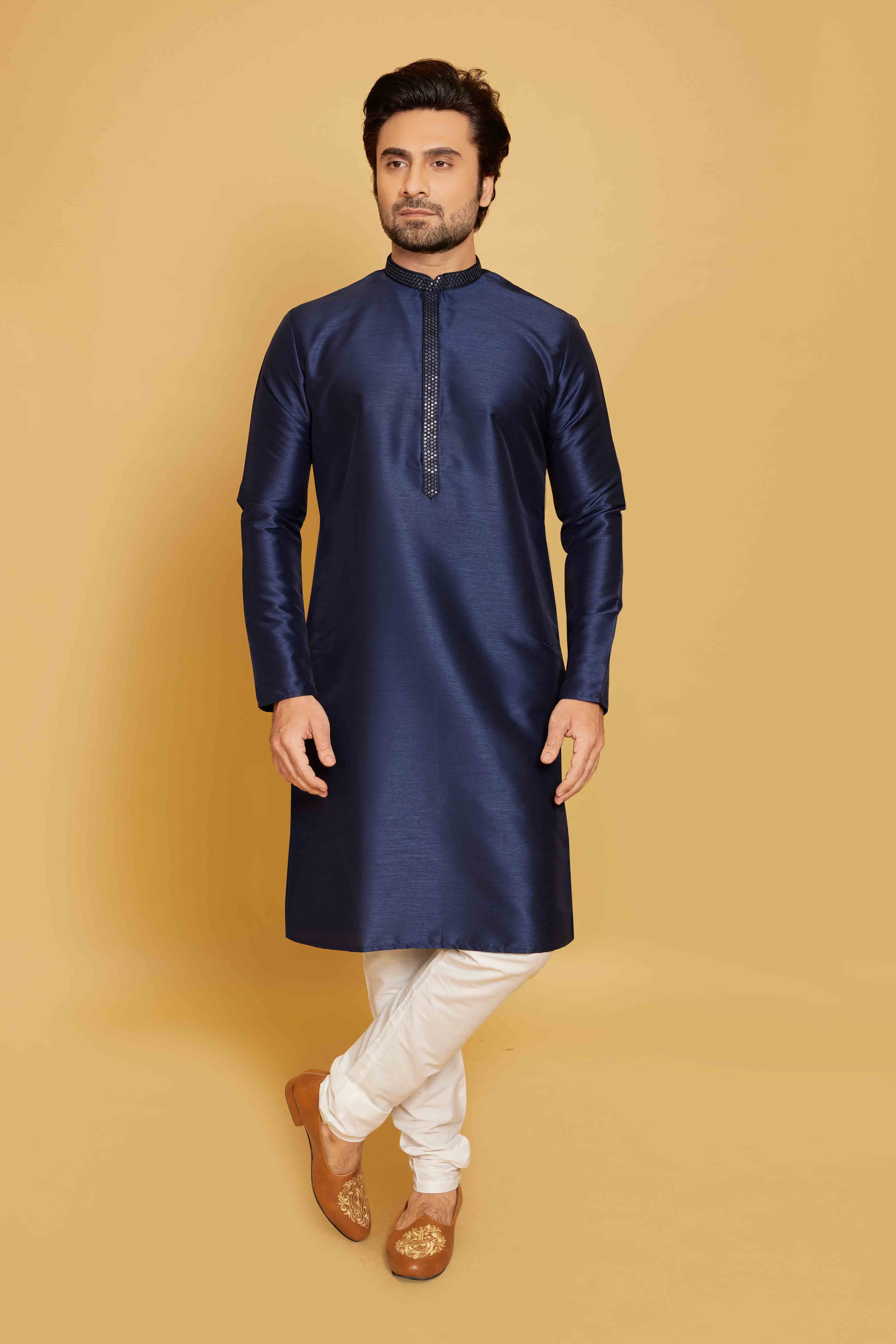 Raw Silk Plain Navy Blue Kurta – Karveer Creation