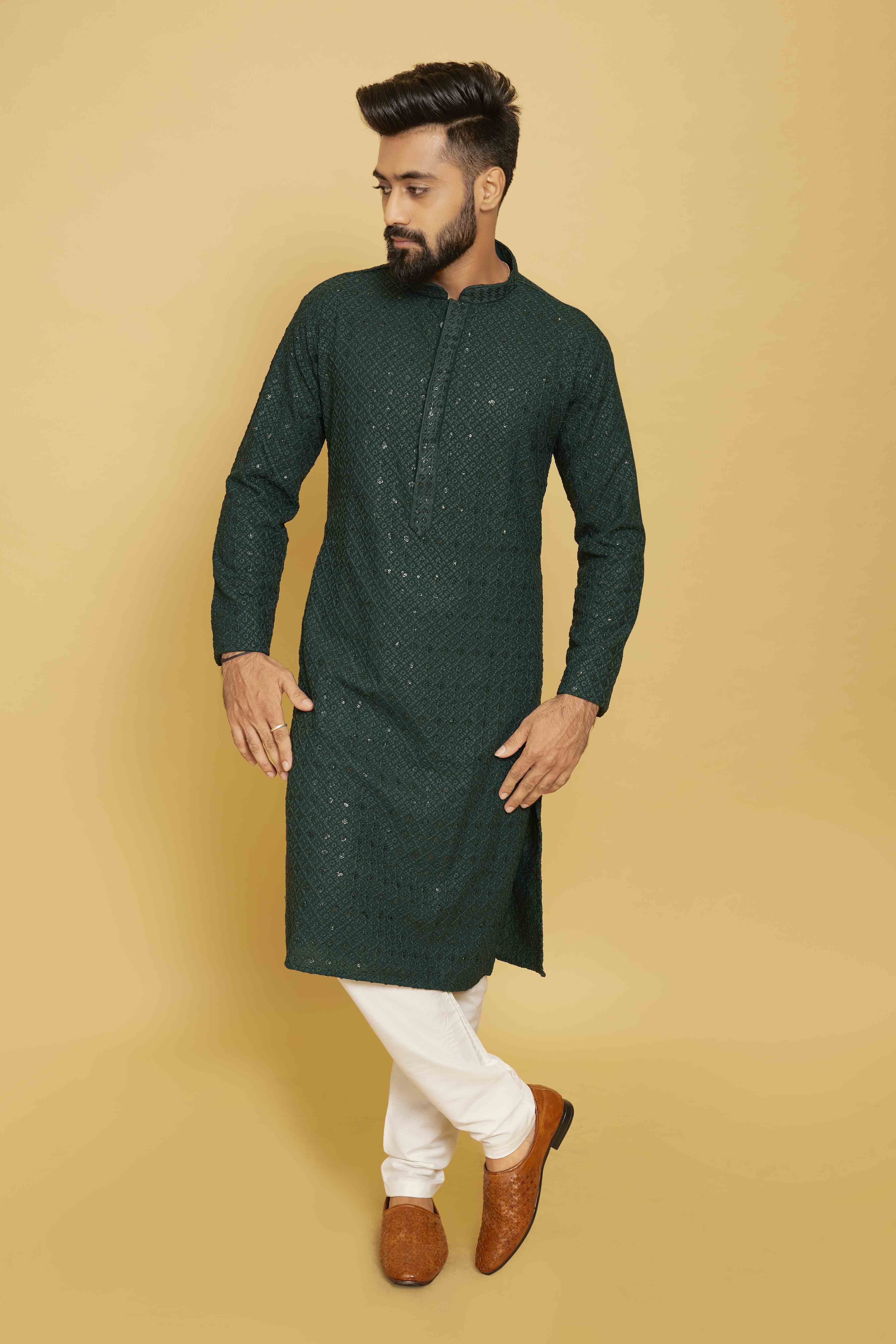 Bottle Green Sequin Elegance Kurta – Karveer Creation